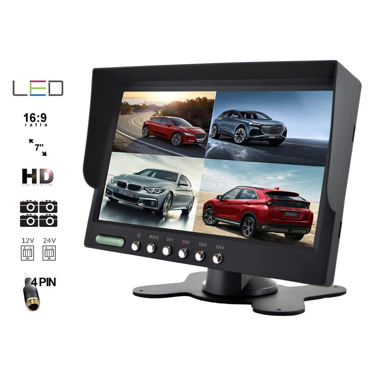 Monitor 7 cali HD na 4 kamery 4 PIN 12V 24V axces